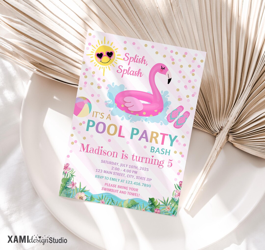 Editable Flamingo Pool Party Invitation Flamingo Pool Party Birthday ...