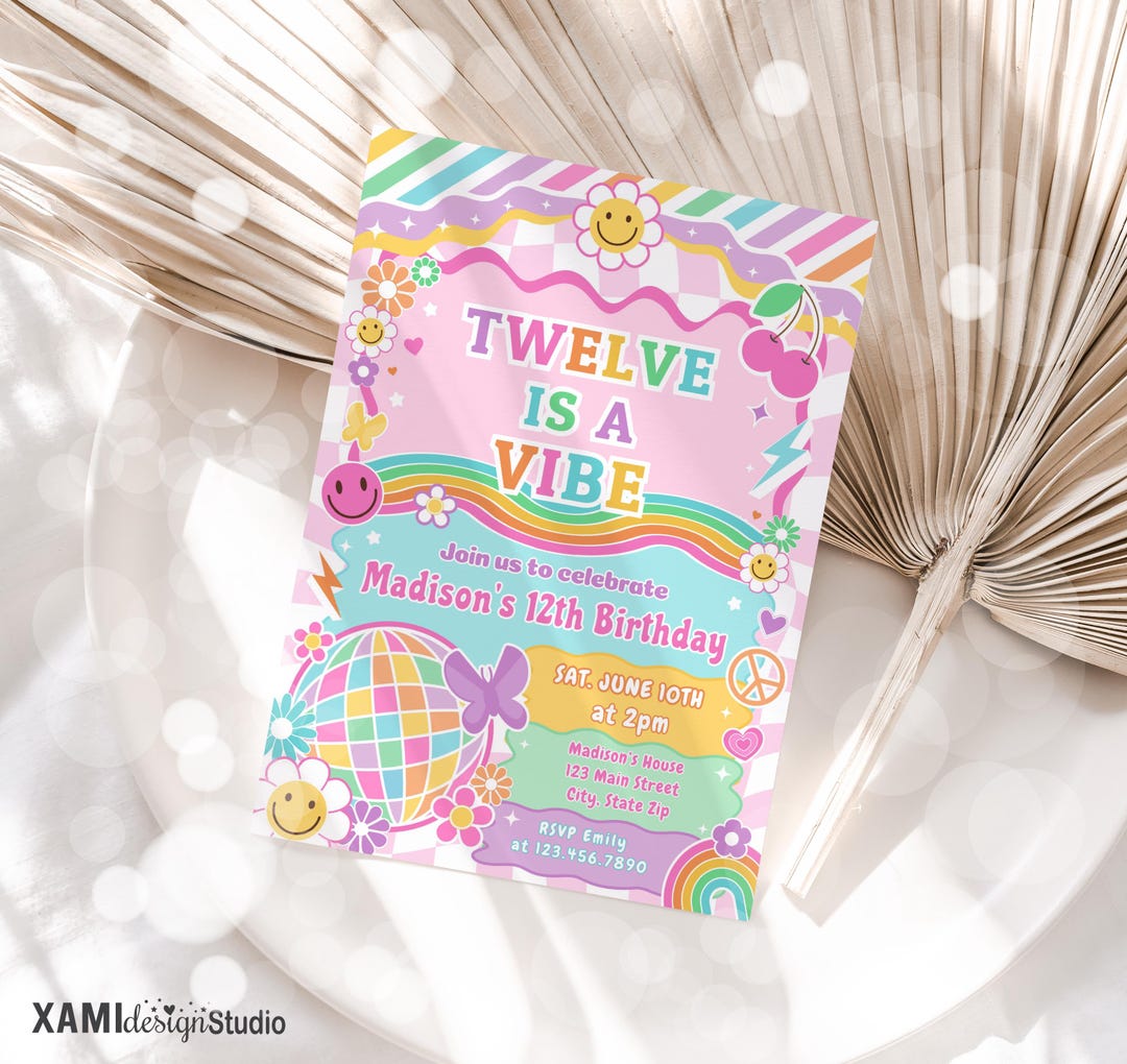 Editable Twelve is a Vibe Birthday Party Invitation Groovy Teen Varsity ...