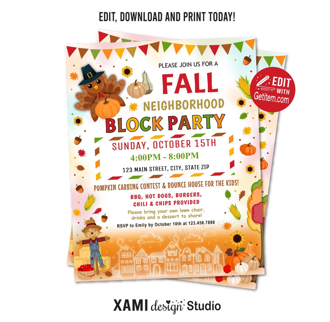 EDITABLE Fall Block Party Festival Harvest Flyer Halloween Invitation ...
