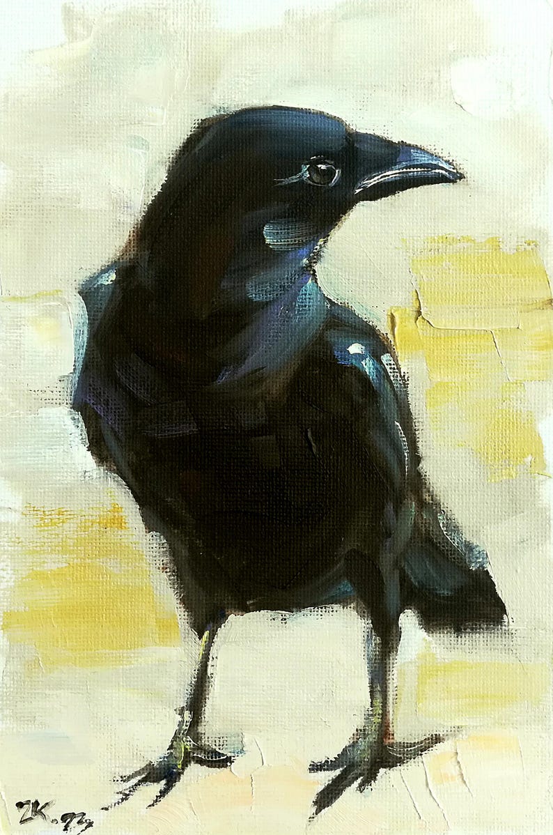 Crow Oil Painting Raven Art Canvas Bird Painting Gothic Wall Decor Dark ...