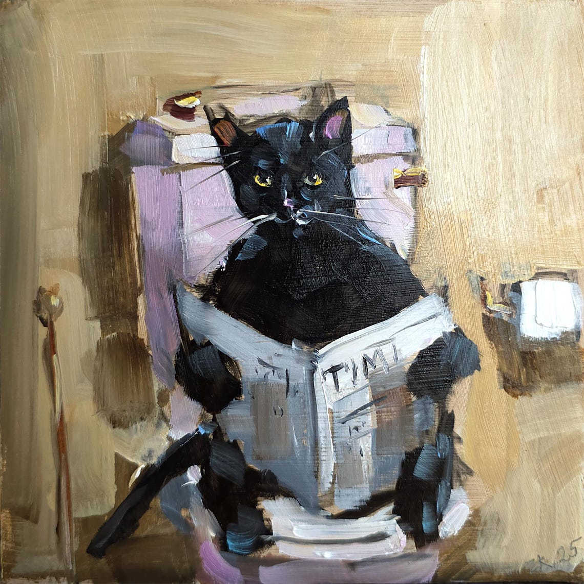 Funny Black Cat on Toilet Original Oil Painting 6x6 Inch Bathroom Wall ...