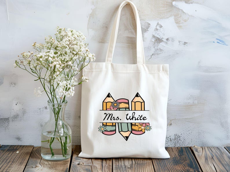 Custom Name Teacher Tote Bag, School Pencils Design - Etsy