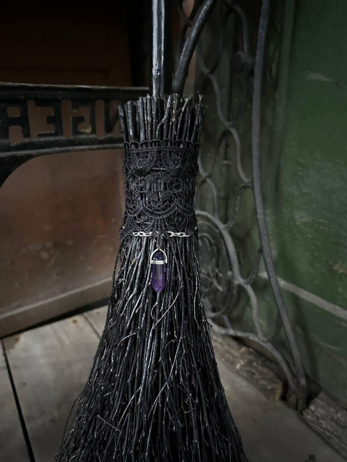 Black Witch Broom With Lace and Crystal, Halloween Pagan Broom Besom ...