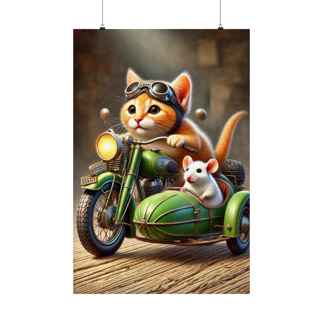 Matte Vertical Poster Orange Kitten With Goggles Riding Motorcycle ...