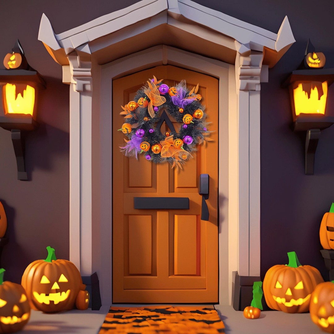 Pumpkin Spooky Front Door Decoration Tulle and Maple Leaf Decoration ...