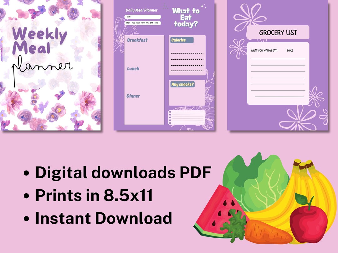 Weekly Meal Planner, PDF Download, 8.5x11 Printable, Printable Digital ...