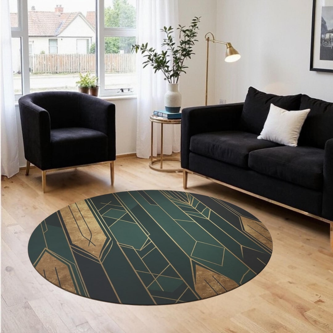 Art Deco Geometric Round Rug, Elegant Gold & Green Design, Luxurious ...