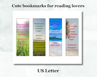 Printable Bookmarks Set of 4, Quote Bookmark, Instant Download ...