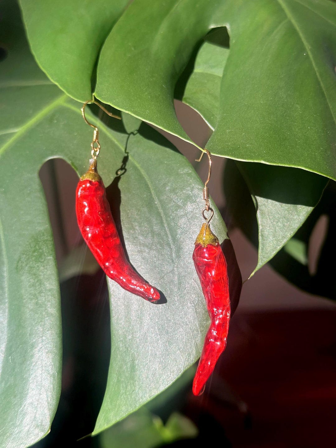 Thai Chili Pepper Resin Earrings, Genuine 18k Gold Hooks Handmade Real ...