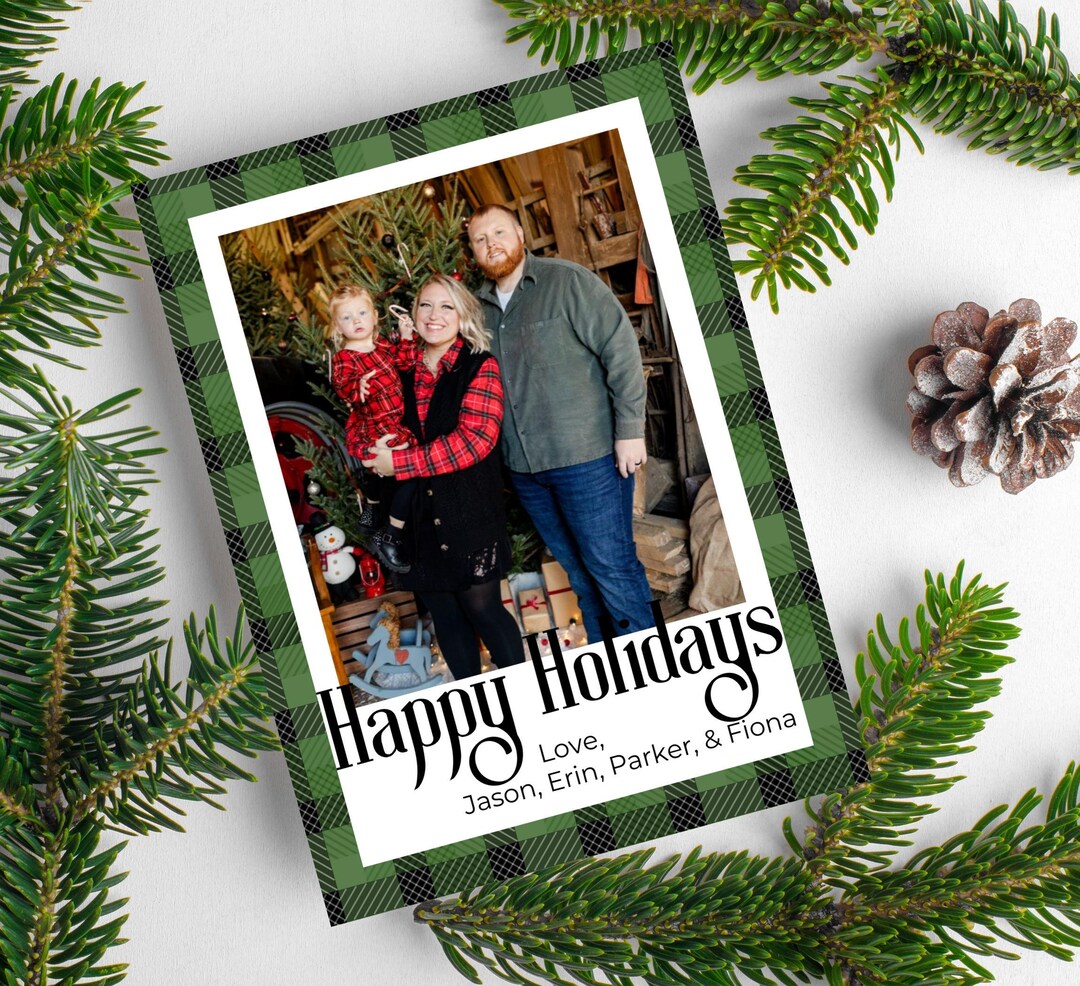 Editable Christmas Card, Green Plaid Holiday Card, Holiday Card ...
