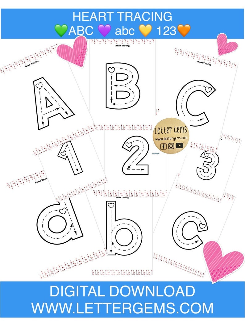63 Pages of Heart Tracing Alphabet and Numbers - ABC - Abc - 123 ...
