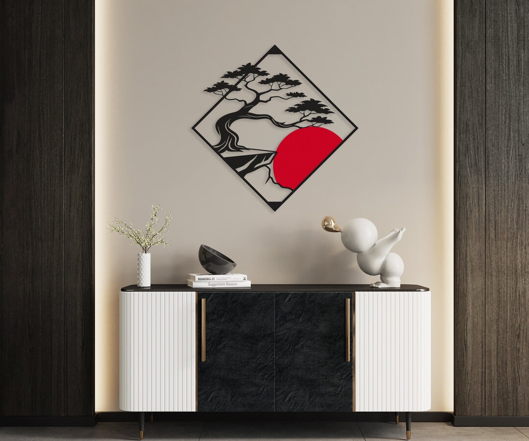 Bonsai Tree Metal Wall Art, Japanese Red Sun Metal Art, Japanese ...