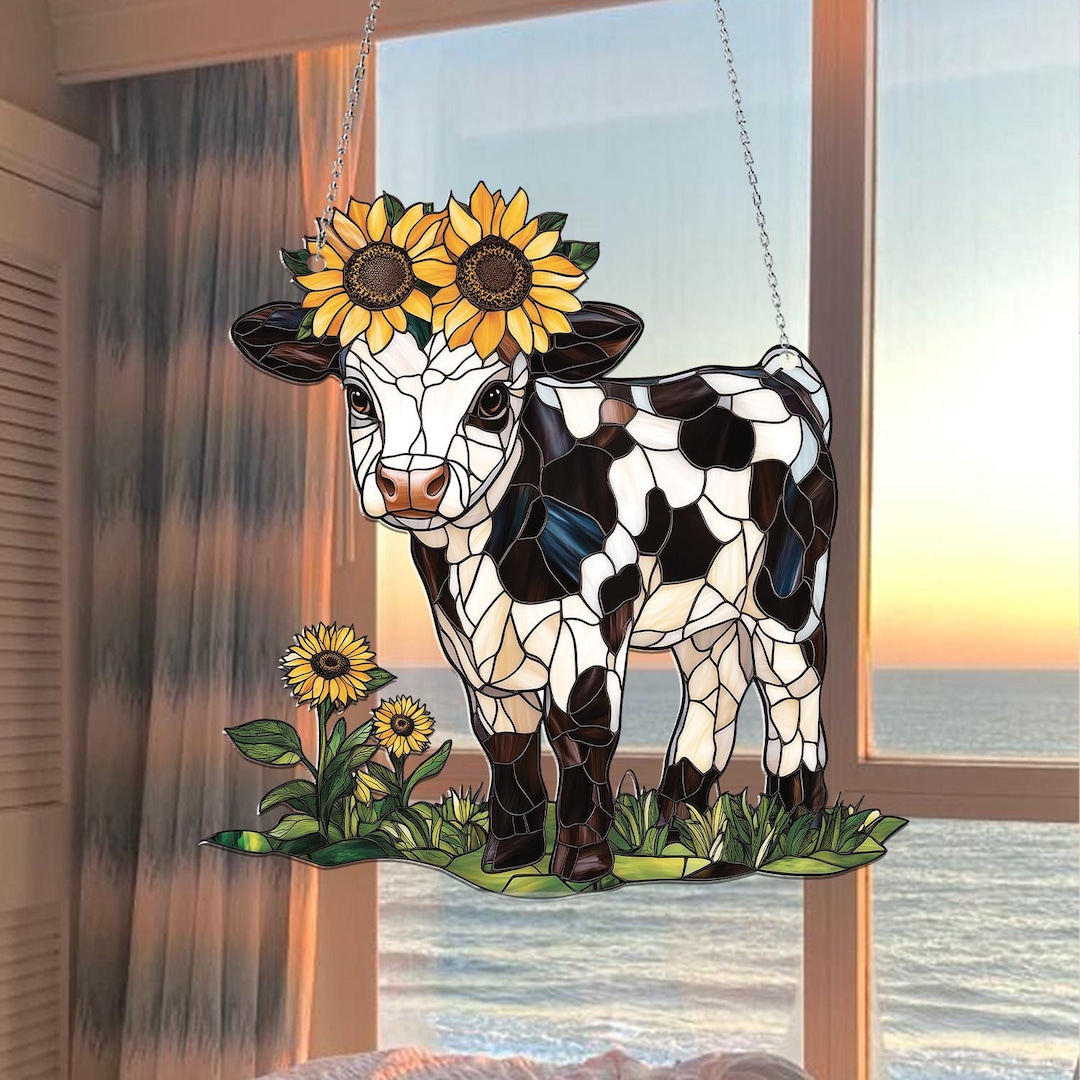 Cow With Sunflower Acrylic Window Hanging, Farm Animal Glass Art, Cute ...
