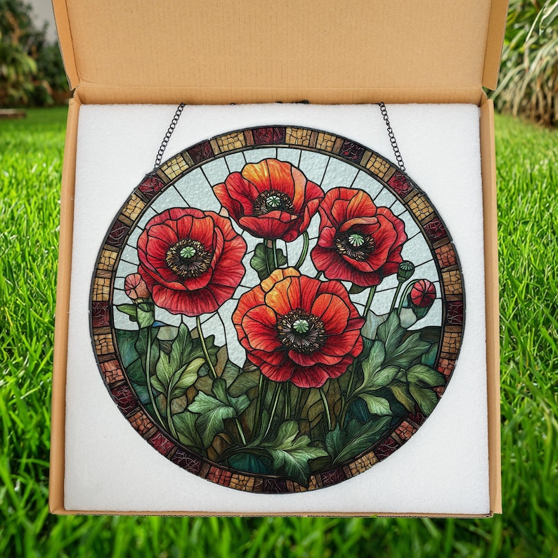 Poppy Blossom Stained Glass Suncatcher | Nature-inspired Window Hanging ...