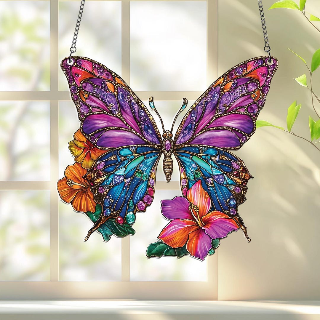 Monarch Butterfly Window Hanging, Hibiscus Flowers Acrylic Window ...