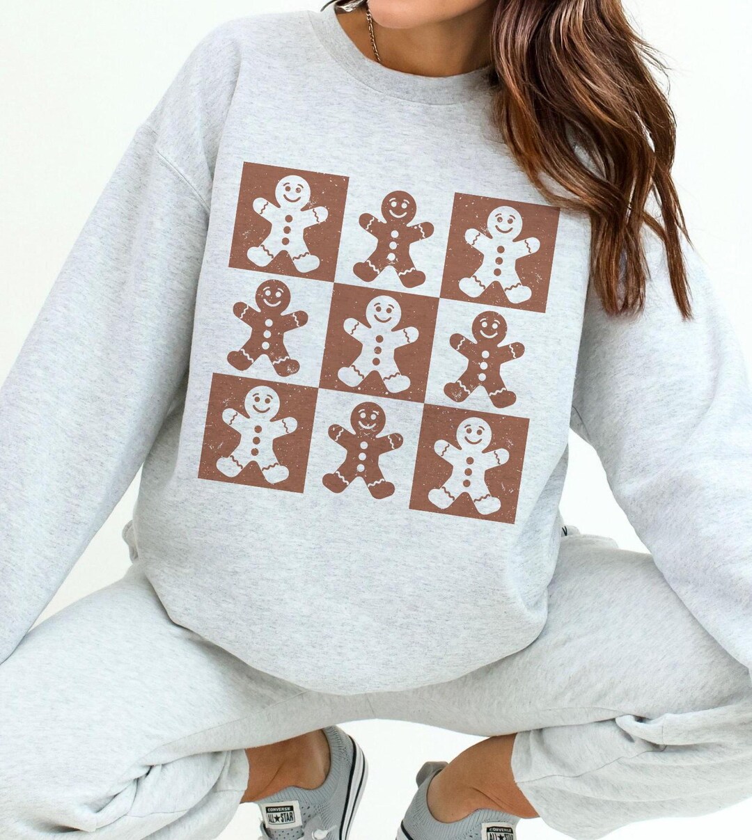 Retro Checkered Gingerbread Man Sweatshirt, Trendy Distressed Christmas ...