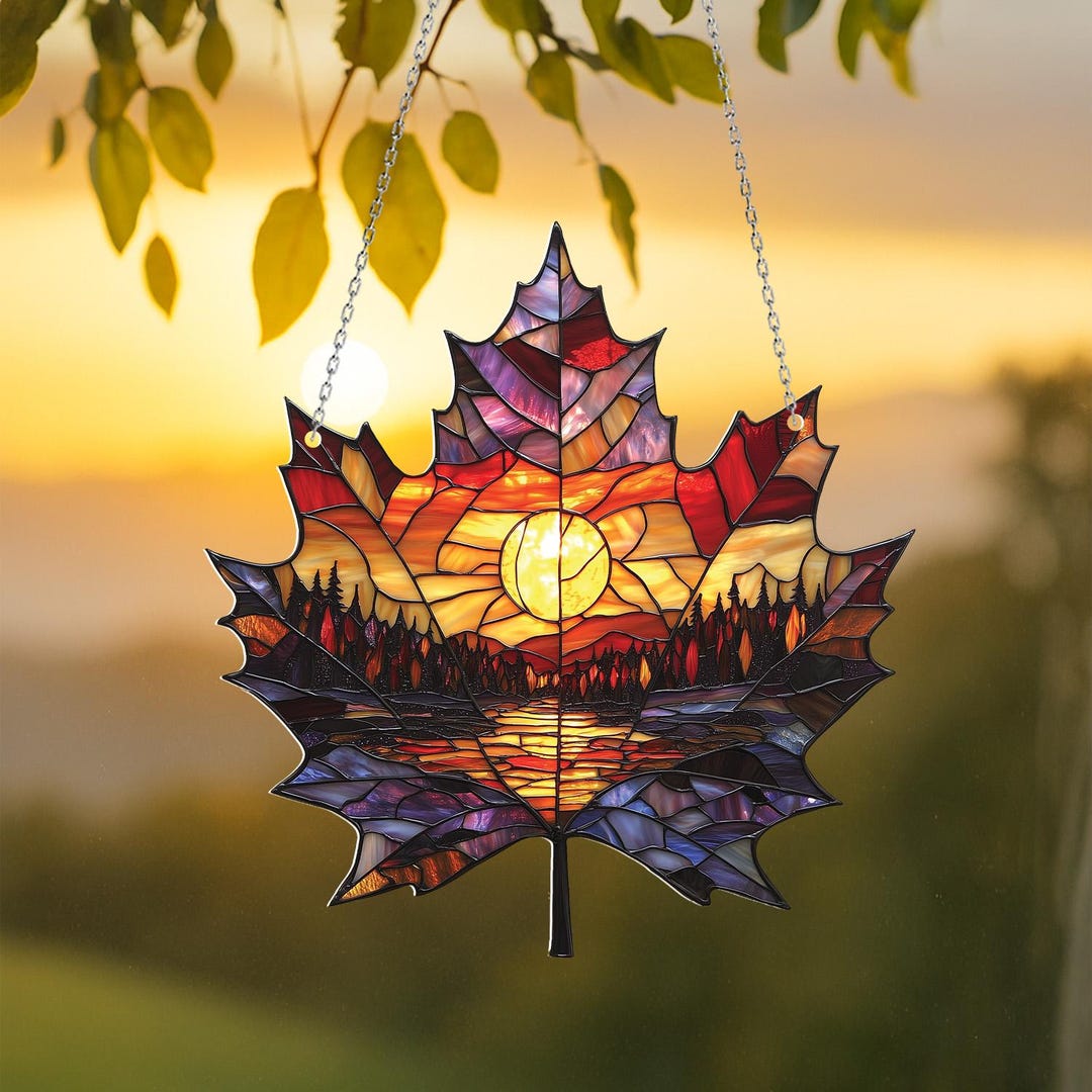 Maple Leaf Sunset Acrylic Window Hanging, Autumn Hanging With Forest ...