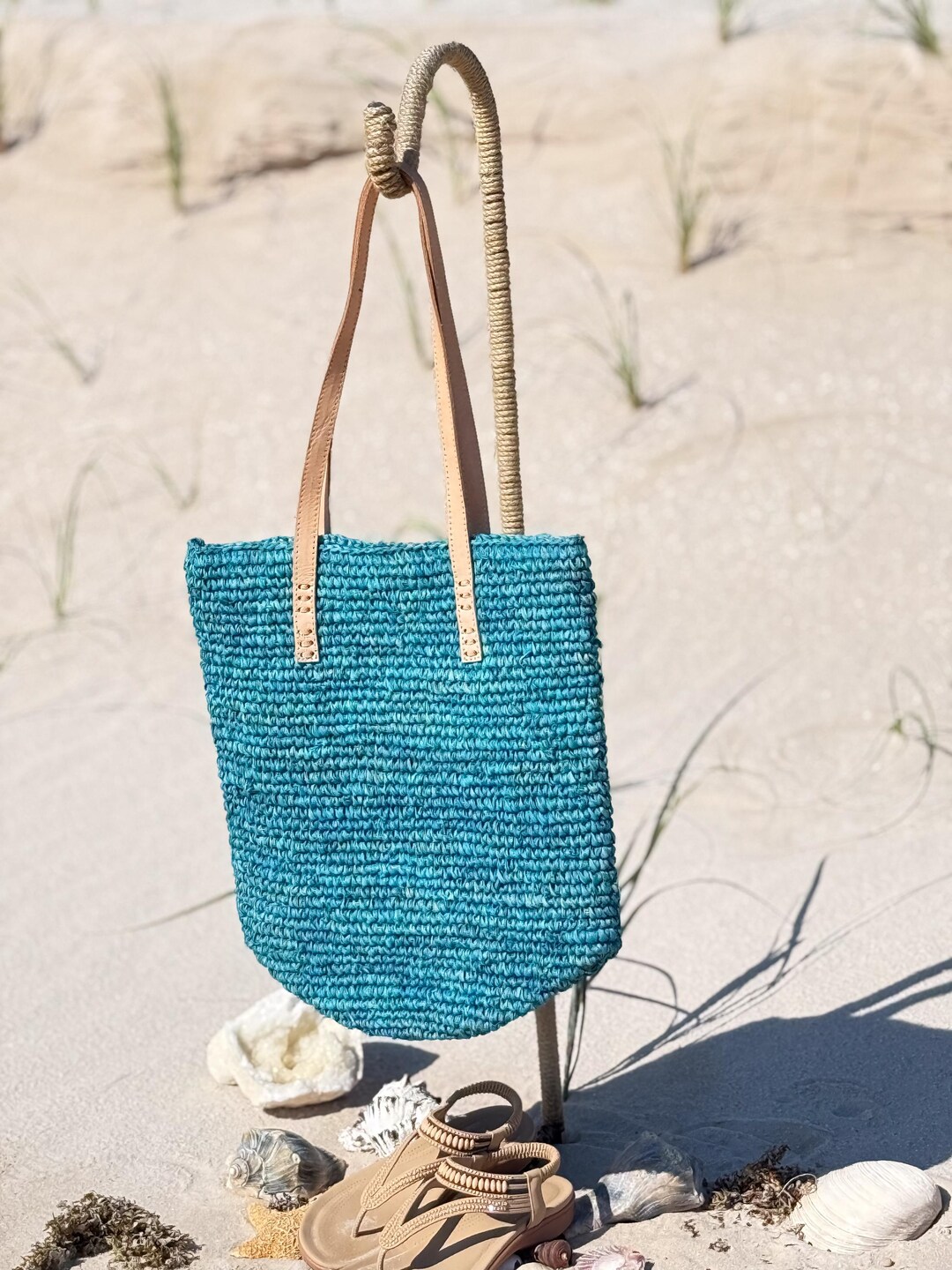 Raffia Bag • Sisal Jute Sack Bag With Genuine Leather Shoulder Straps ...