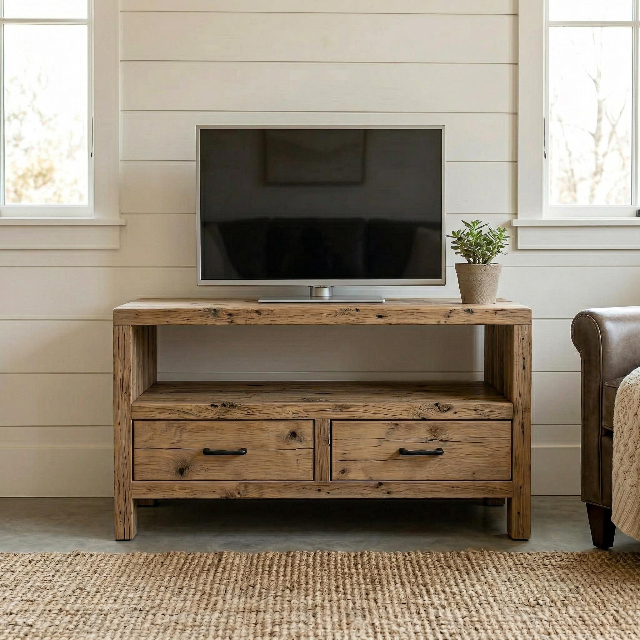 Handcrafted Rustic Solid Wood TV Stand – Farmhouse Style Media Console ...
