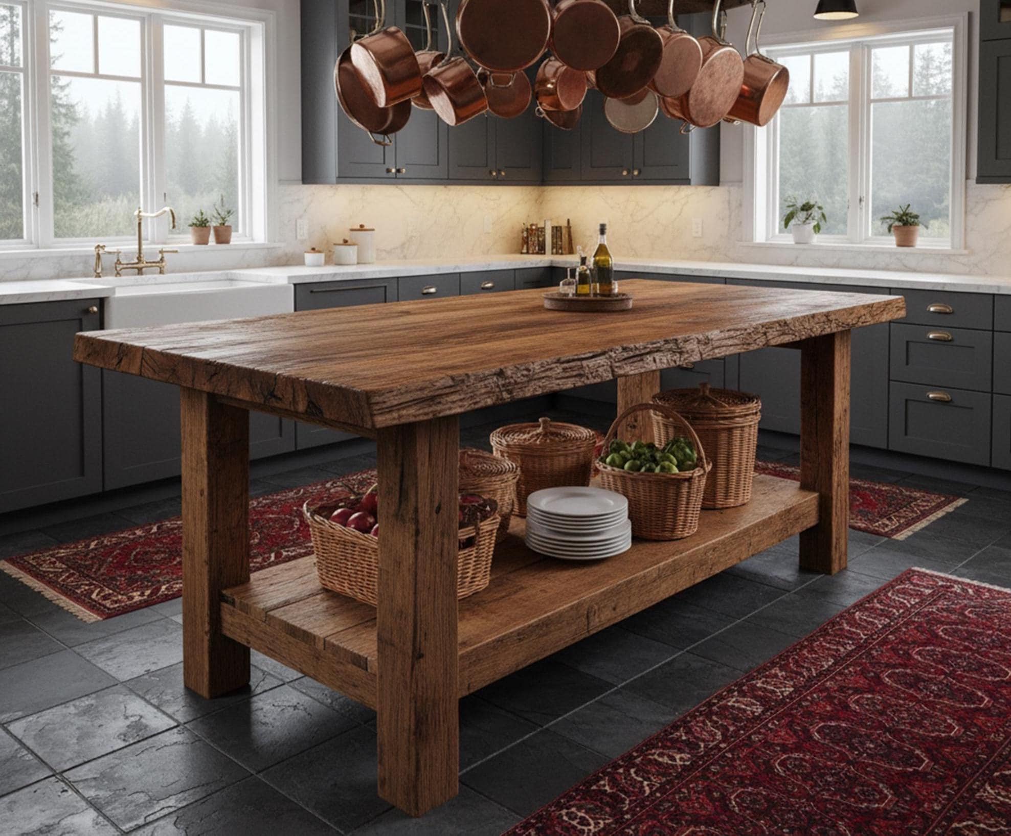 Kitchen Island Table Rustic Wood With Storage Handcrafted Design Etsy