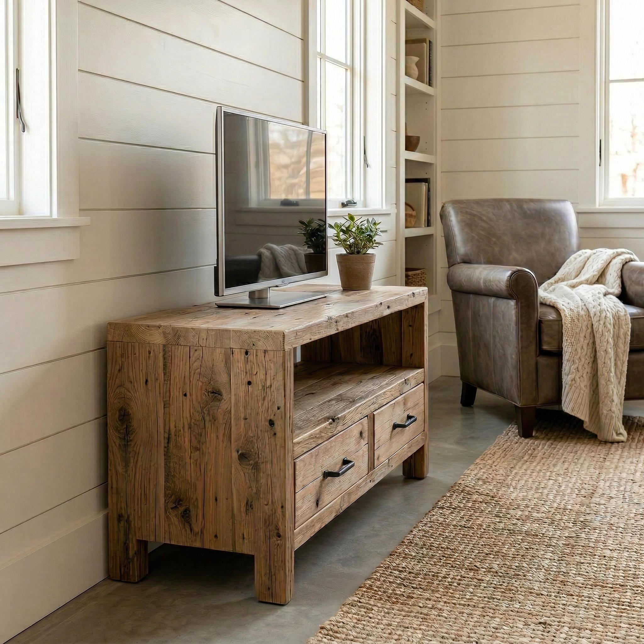 Handcrafted Rustic Solid Wood TV Stand – Farmhouse Style Media Console ...