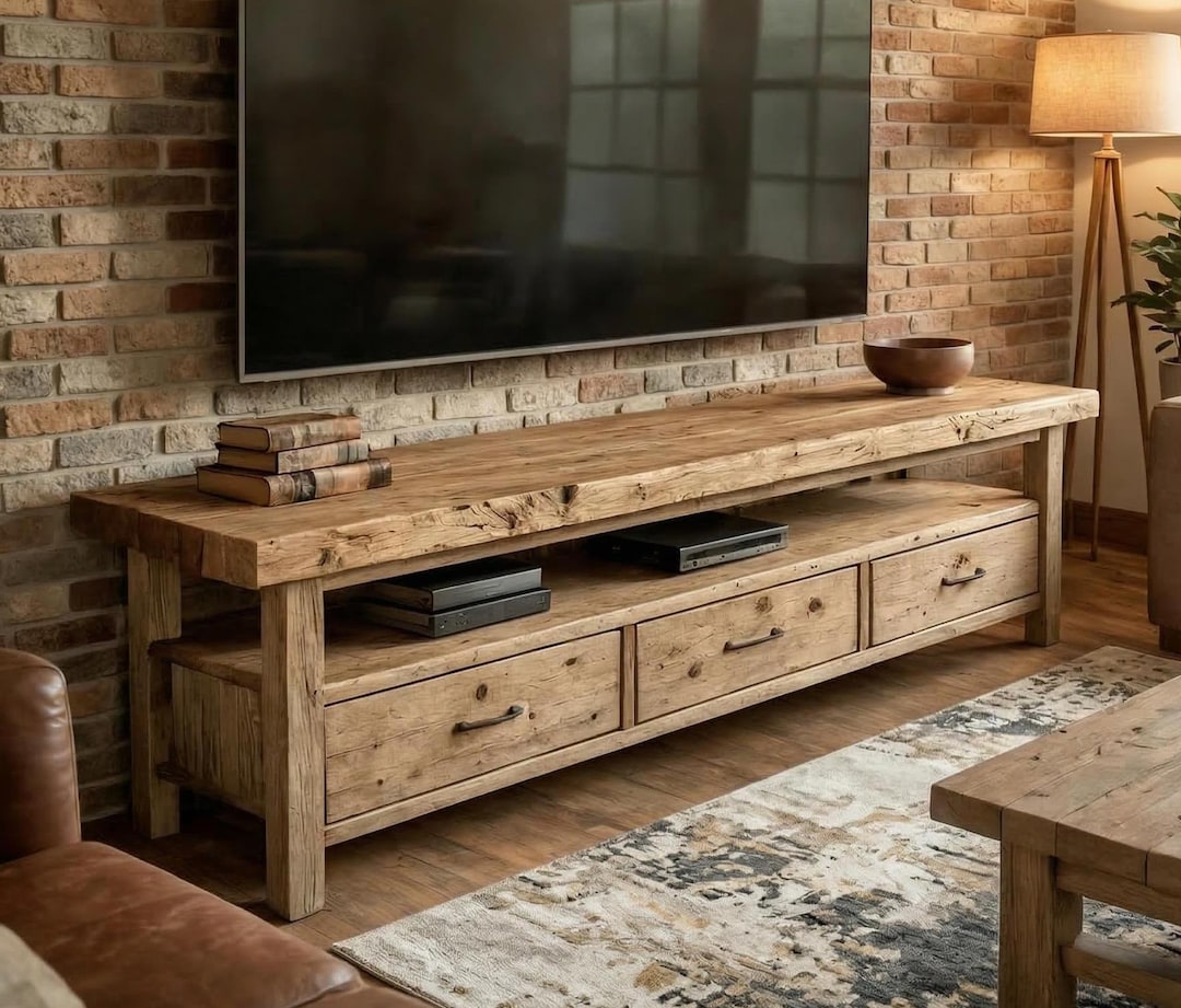 Handcrafted Rustic Solid Wood TV Stand – Farmhouse Style Media Console ...