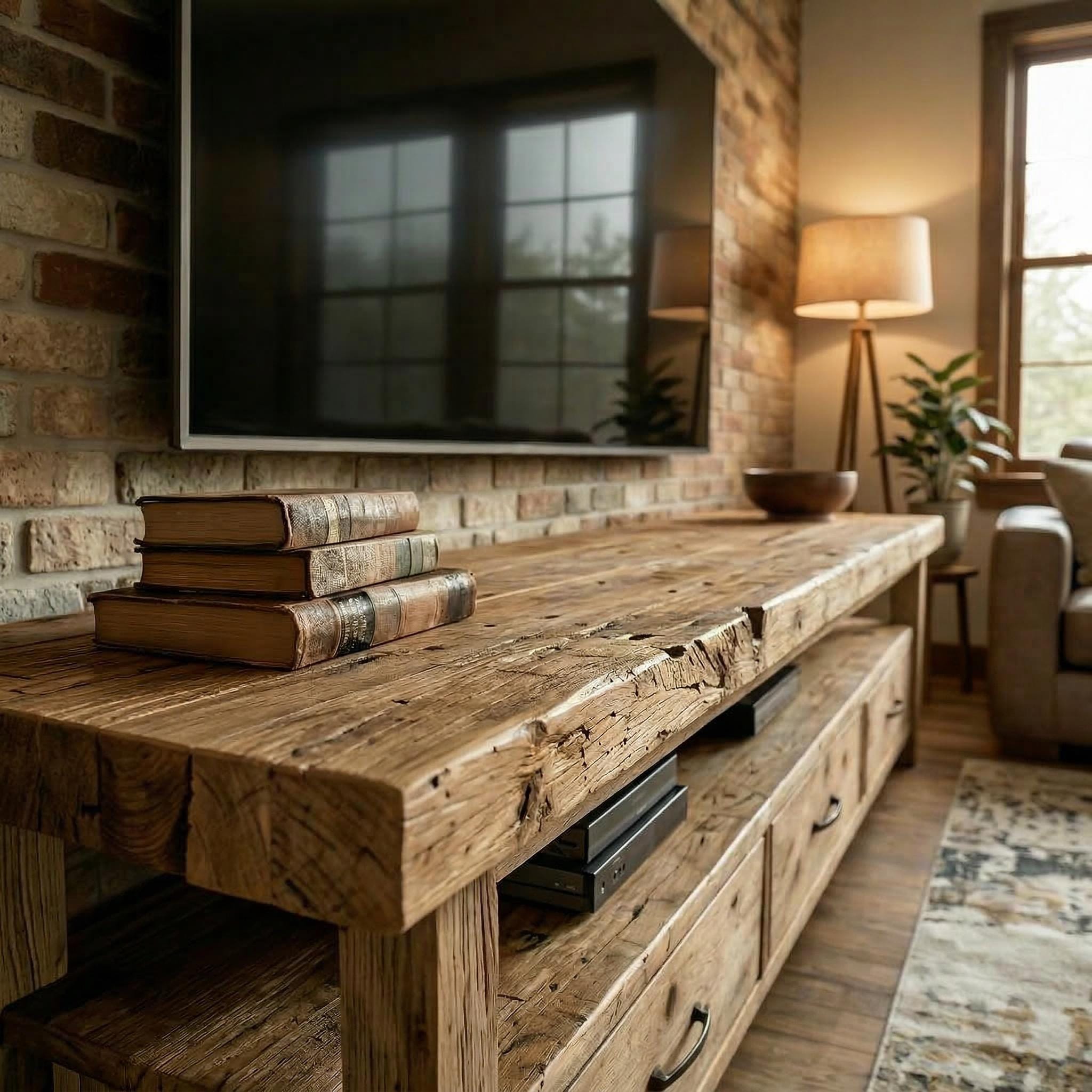Handcrafted Rustic Solid Wood TV Stand – Farmhouse Style Media Console ...