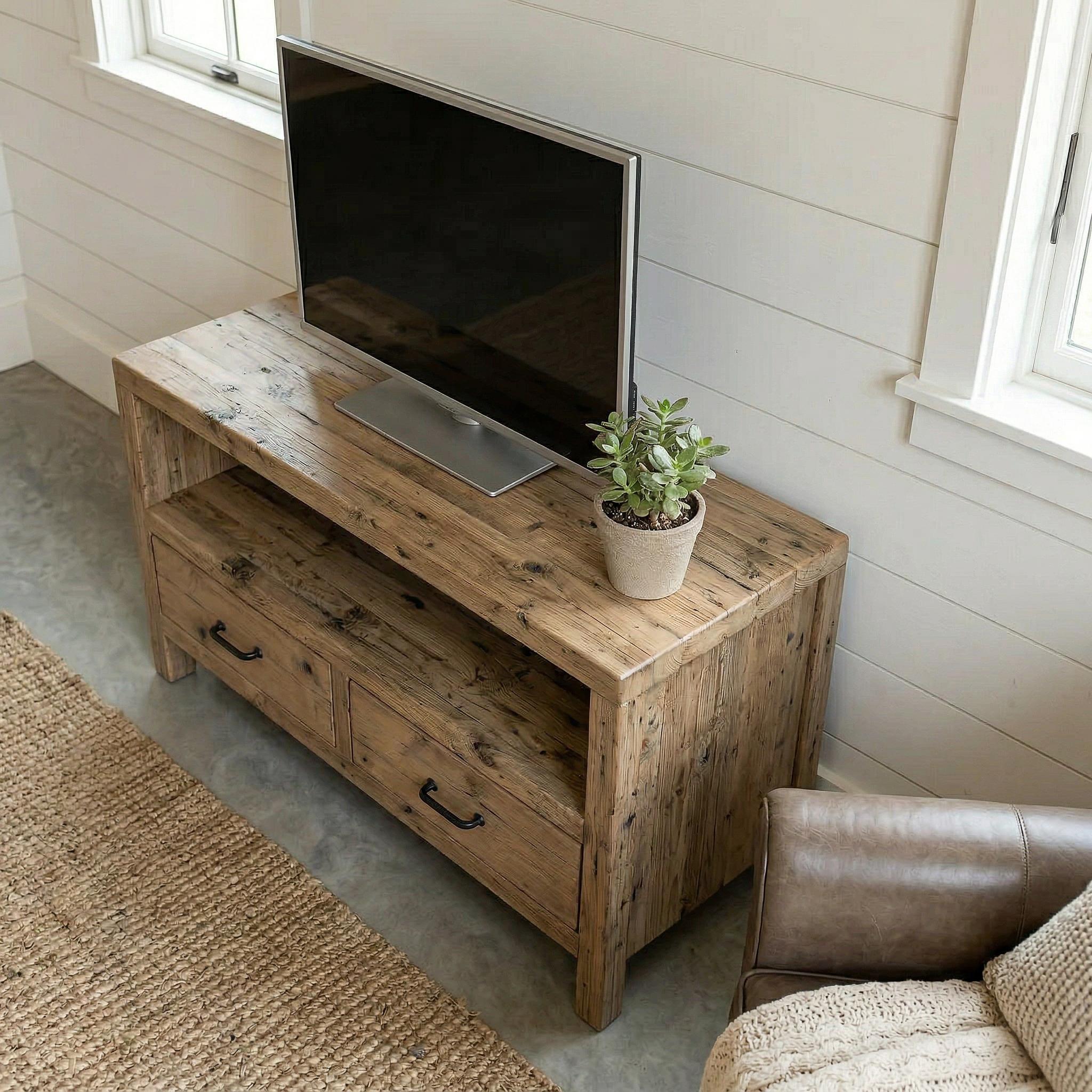 Handcrafted Rustic Solid Wood TV Stand – Farmhouse Style Media Console ...
