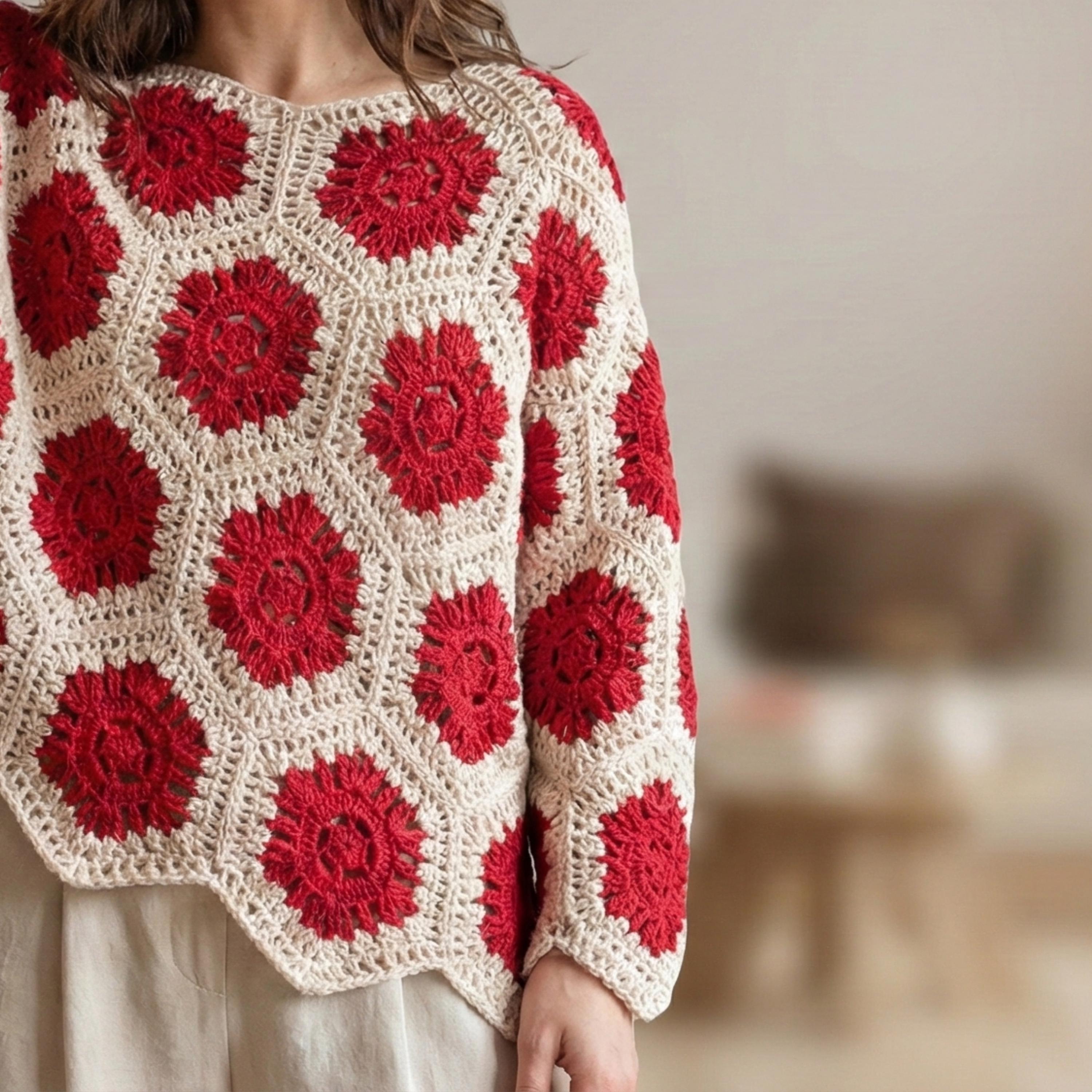 Crochet Hexagon Sweater Pattern PDF & Video Link, Red Floral Granny ...