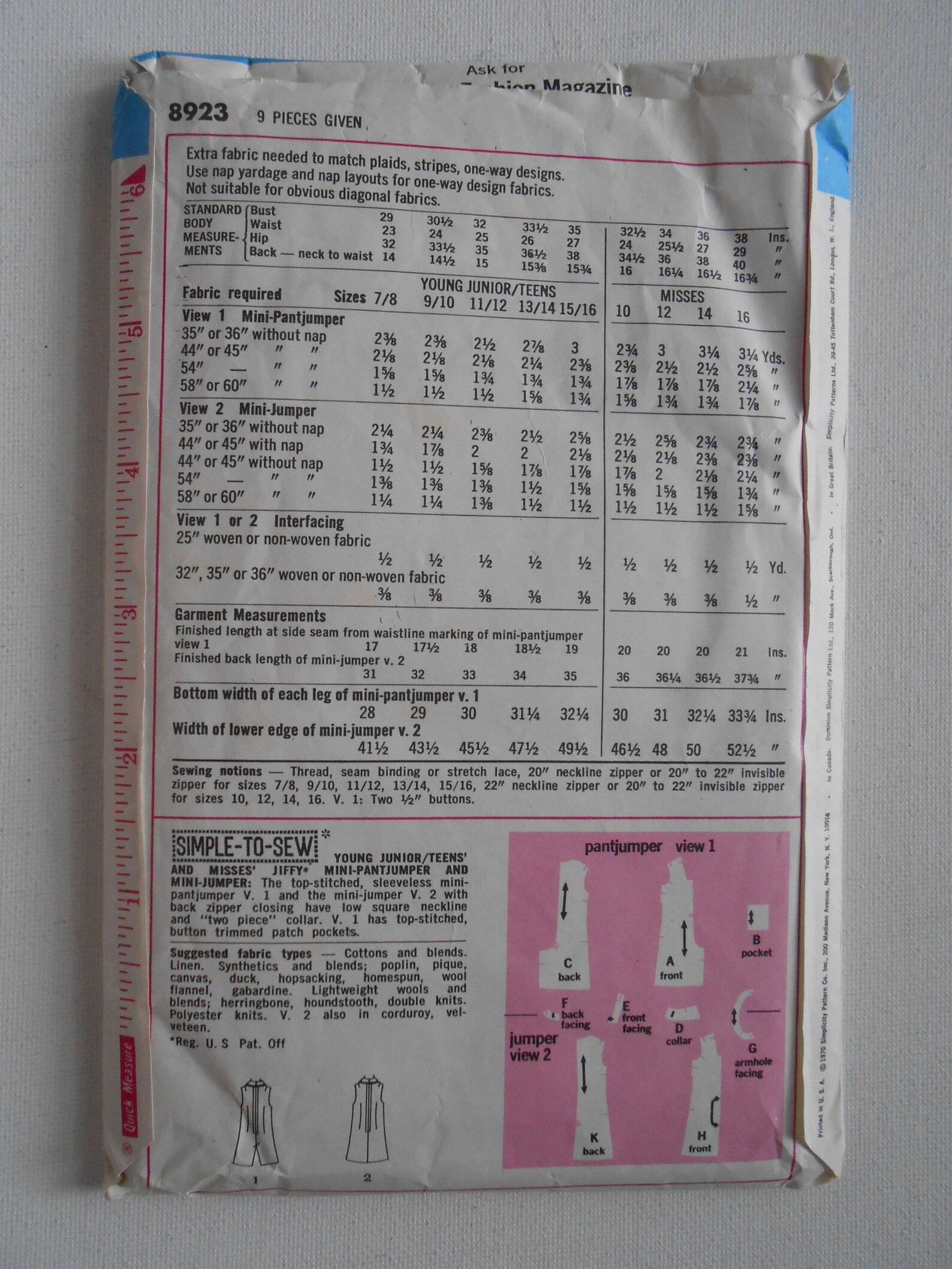 Vintage 70s Jiffy Mini Jumper Sewing Pattern Simplicity 8923, Bust 34 ...