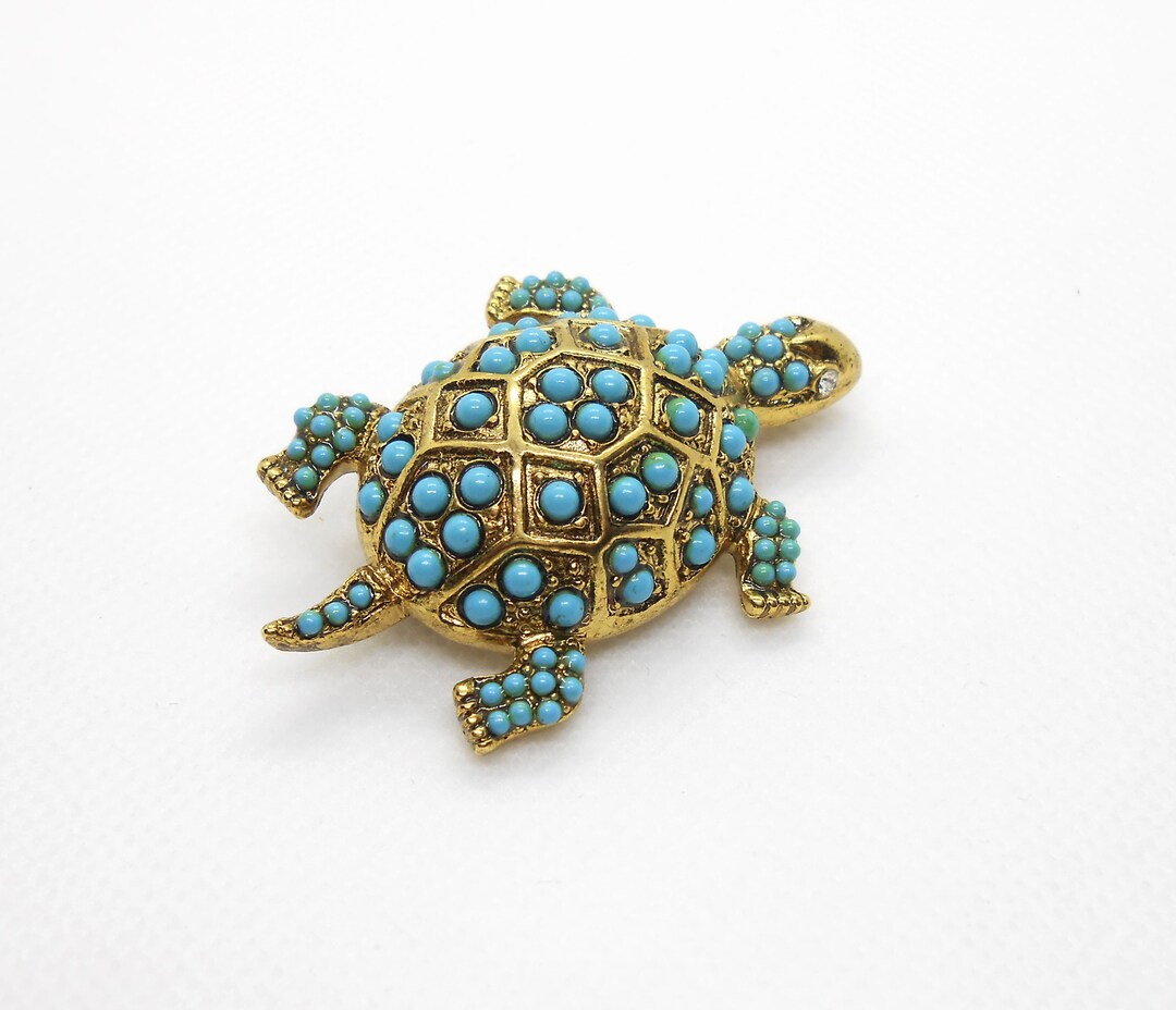 KJL Kenneth J Lane Turtle Brooch Faux Turquoise Bead Gold Tone - Etsy