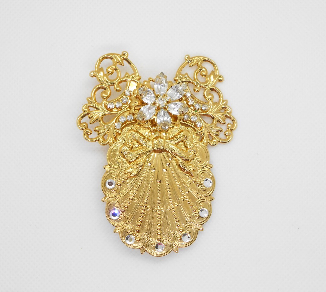 Angel Filigree Rhinestone Brooch Jane Davis 2000 AOL, Gold Tone Pin - Etsy