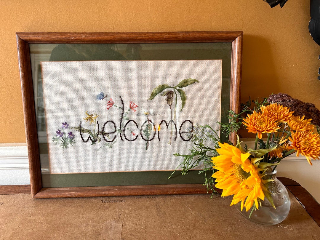 Vintage Cross Stitch Embroidery Sampler Welcome Wildflowers Flowers ...