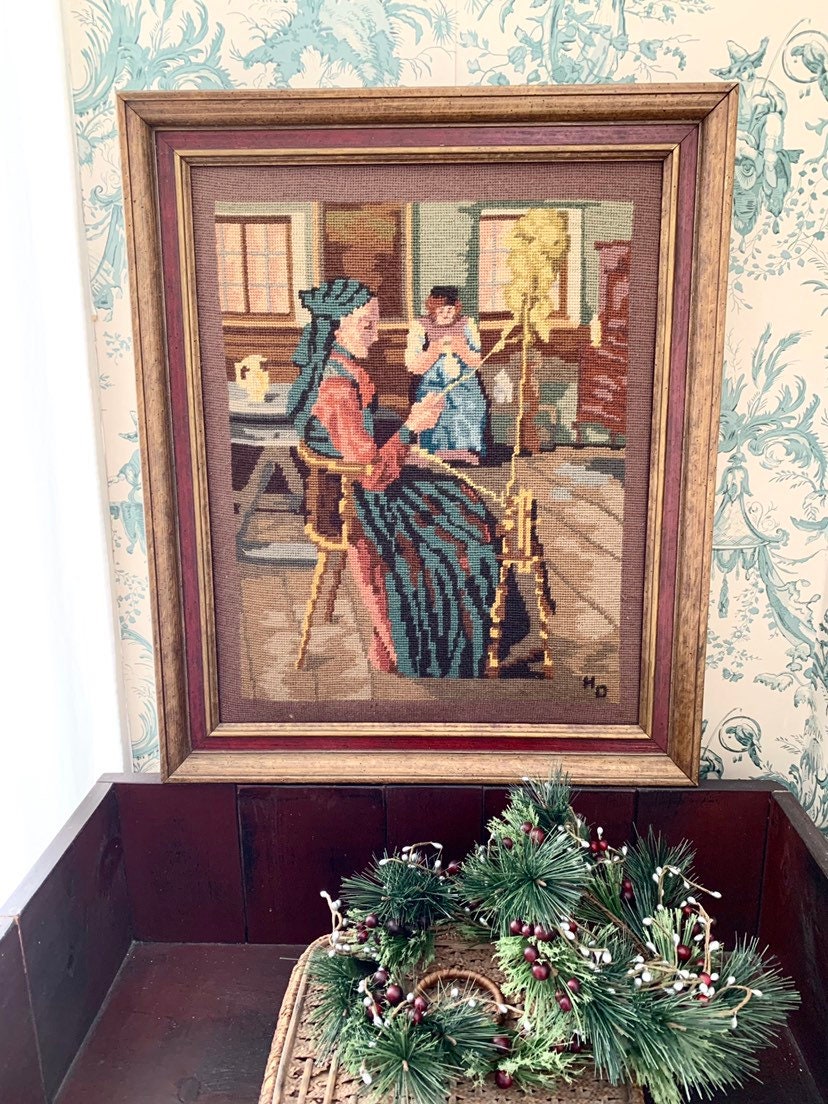 Vintage Weavers Weaving Needlework Tapestry Framed Needlepoint Women ...