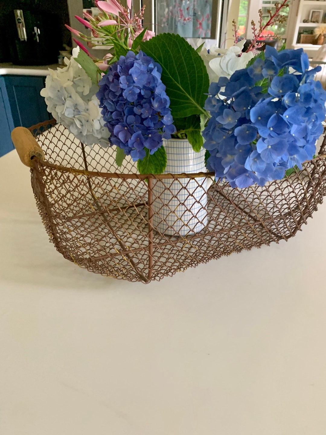 Vintage Autumn Harvest Wire Basket Garden Flowers Wood Handles ...