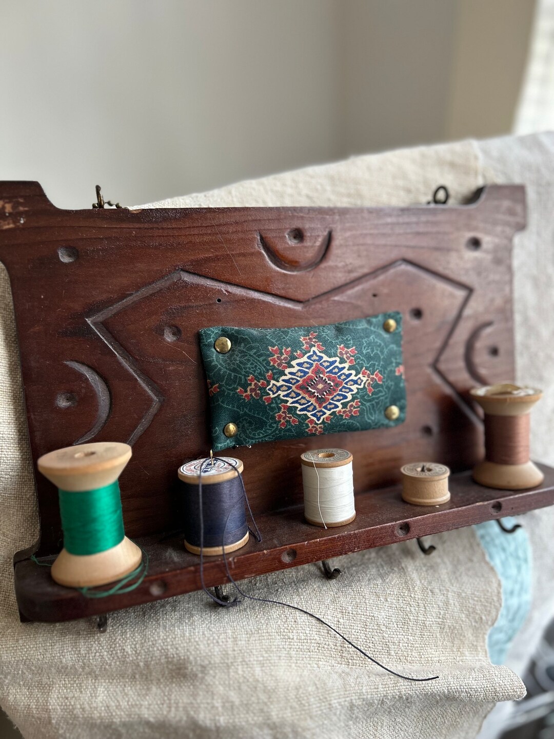 Antique Vintage Folk Art Thread Holder Tramp Art Wood Wooden Country Primitive Rustic Handmade ...