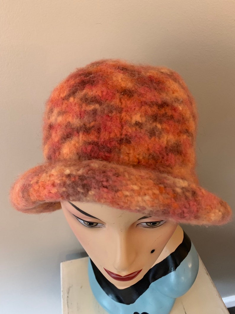 Orange & Brown Bowler Hat Hand Knit Felted Hat Cloche Hat Hat Knit Hat ...