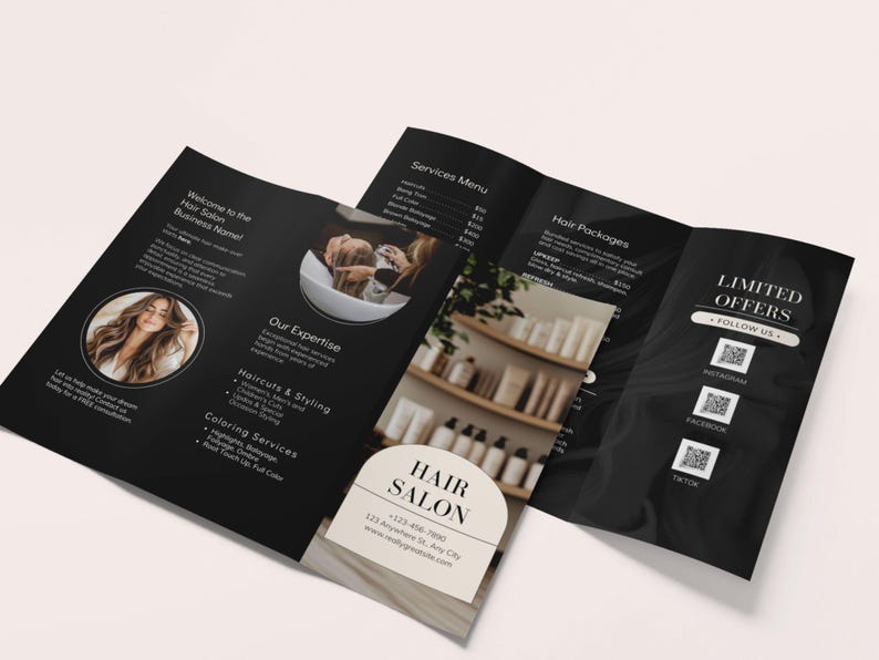 Editable Trifold Hair Brochure Template Printable Hairstylist Flyer ...