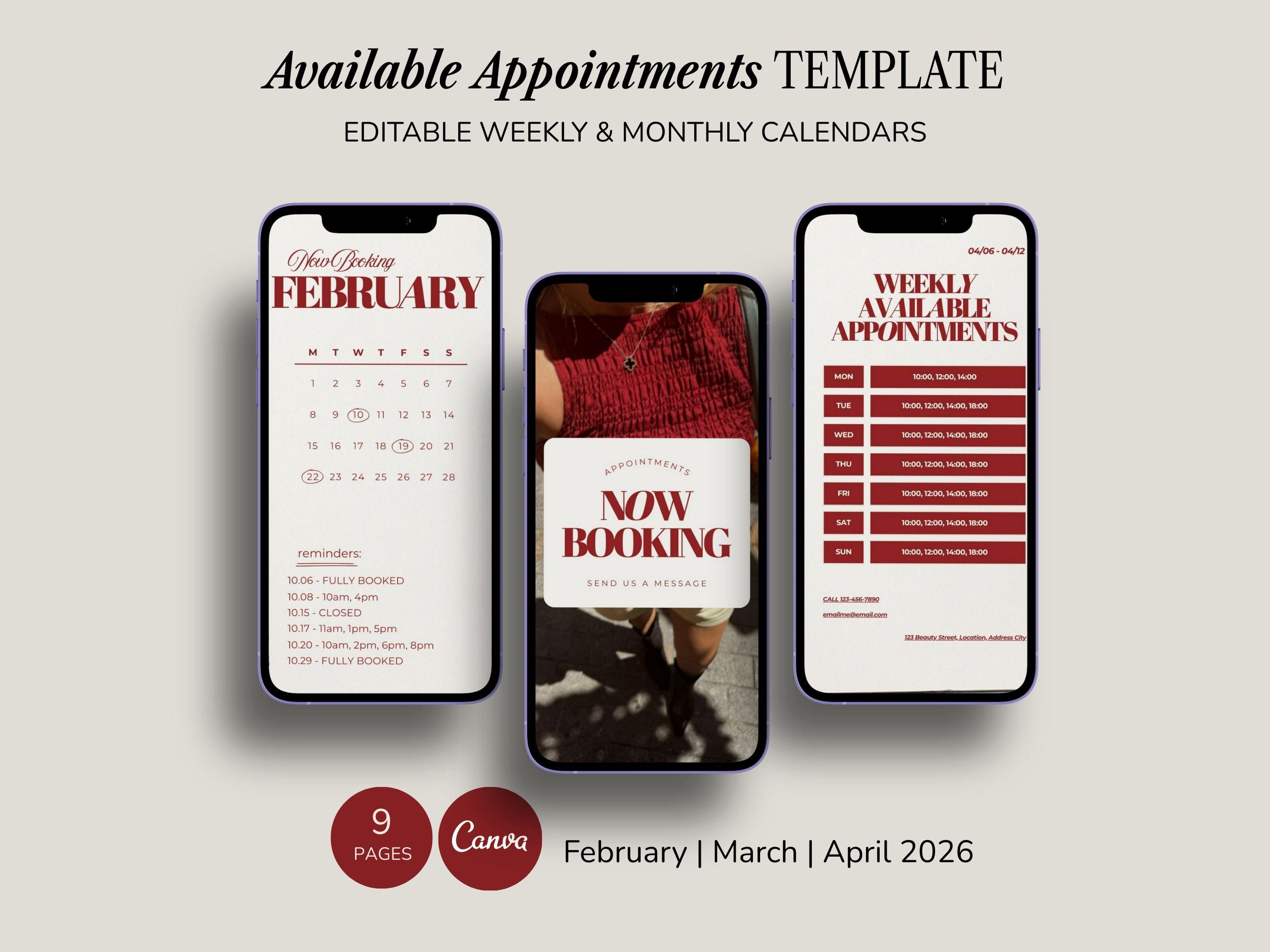 Available Appointments Template Calendar, Weekly and Monthly ...