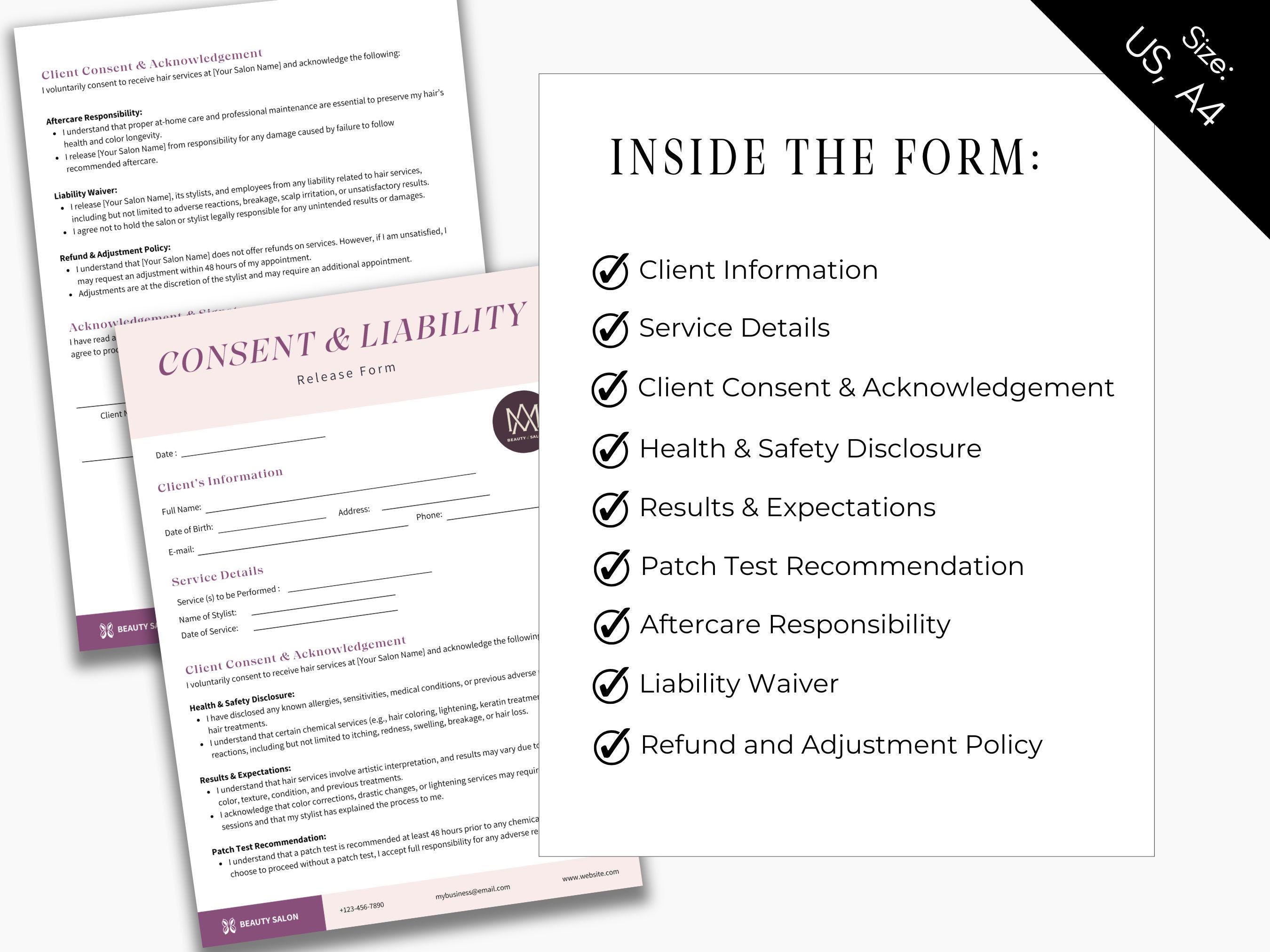 Client Consent Form Hairstylist Liability Waiver Esthetician Consent ...
