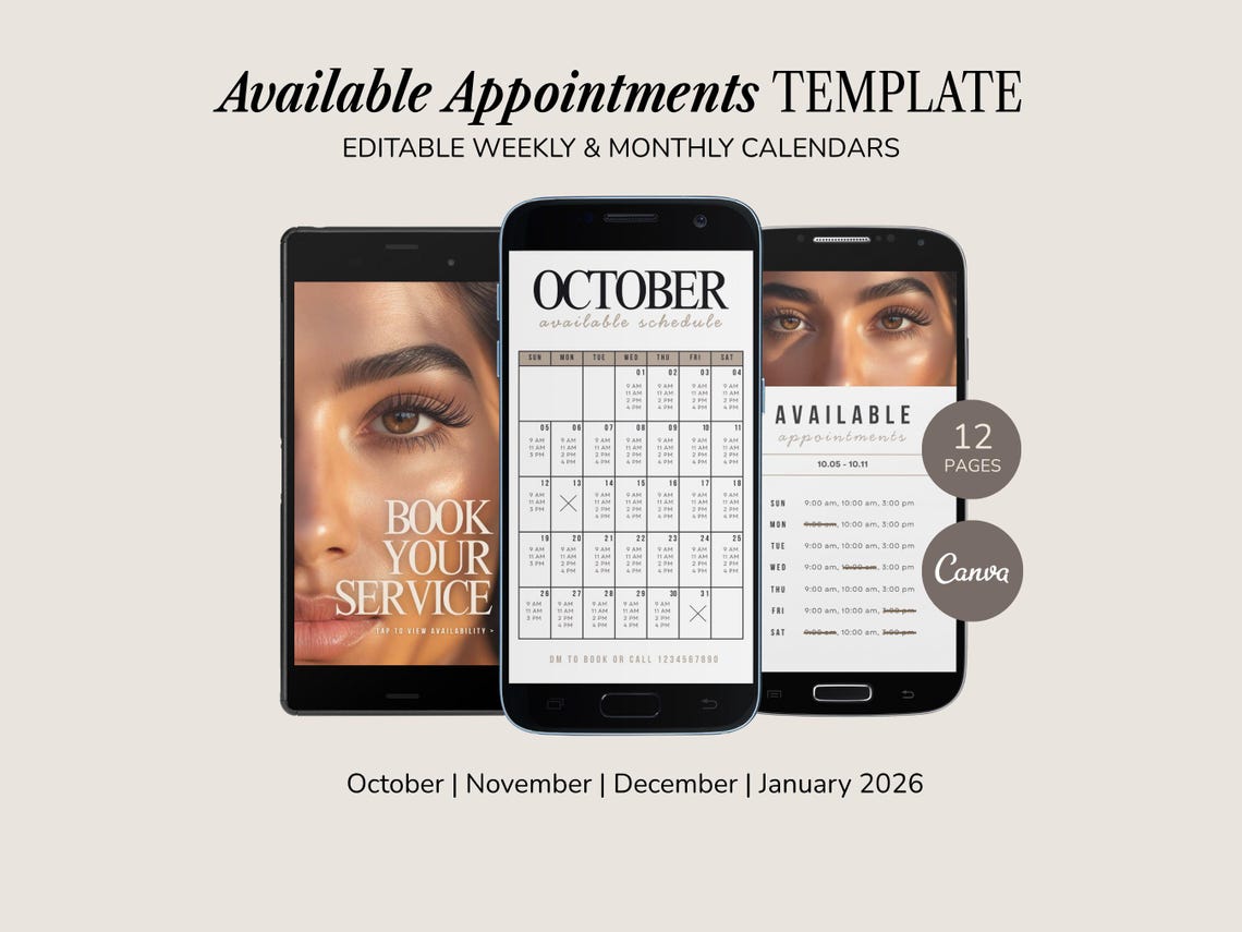 PMU Lash Brows Booking Calendar Template Monthly Weekly Available ...