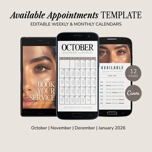 PMU Lash Brows Booking Calendar Template Monthly Weekly Available ...