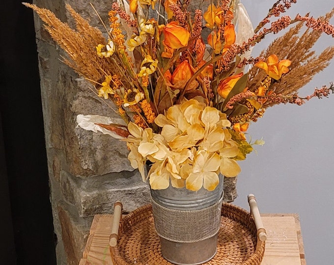 Farmhouse Style Galvanized Pail Fall Centerpiece Handcrafted Harvest ...