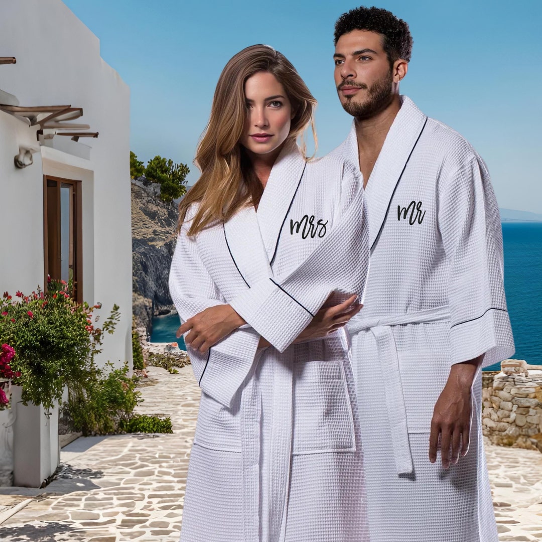 Set of 2 Robes Luxury Long Waffle Robe for Couples, Embroidered Deep ...
