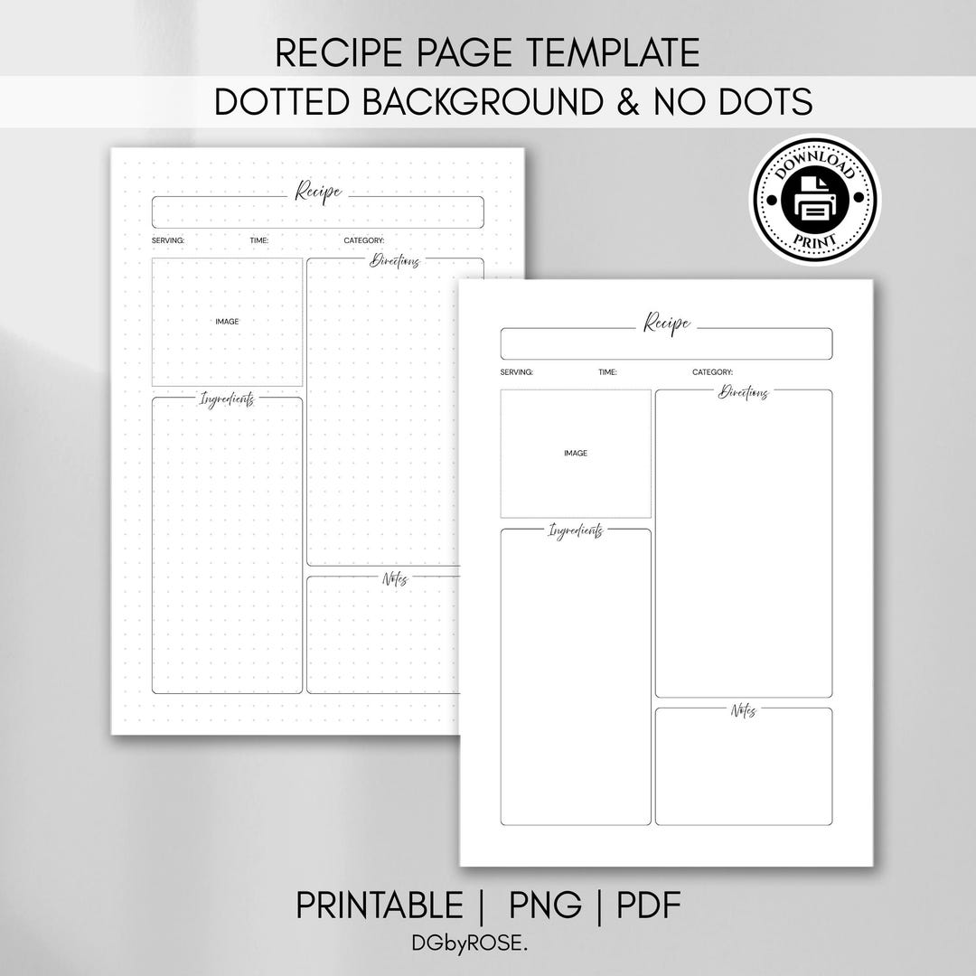 Printable Recipe Page Template | Dotted & Plain Sheet Kitchen | Clean ...