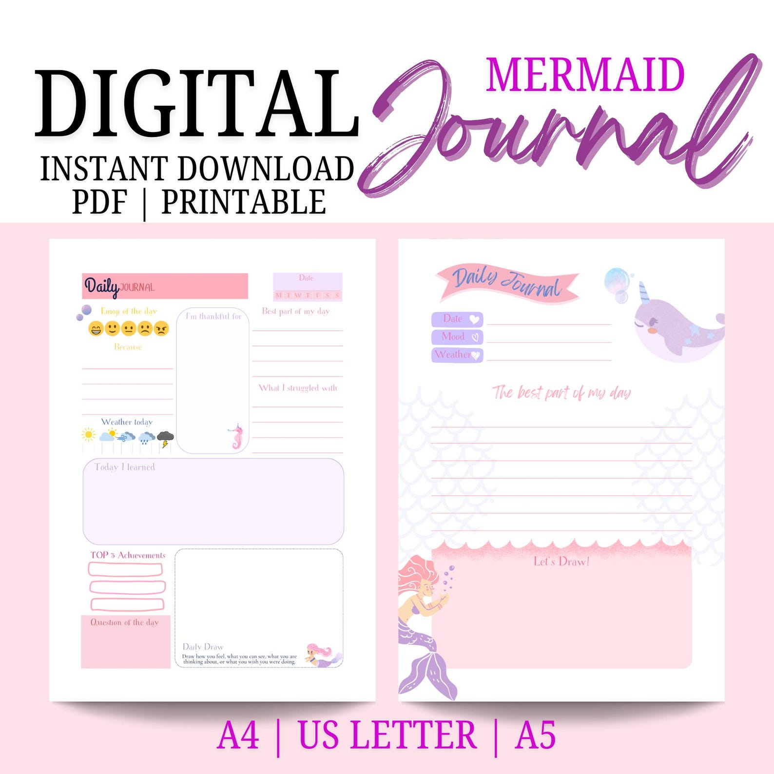 Magical Mermaid-themed Kids Journal: Digital Printable Template PDF ...