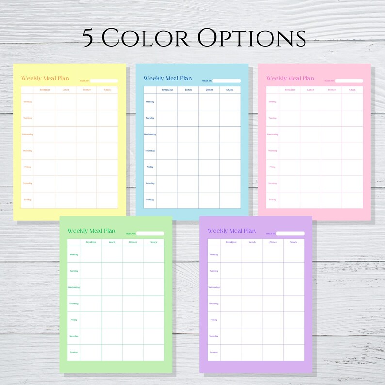 Digital Printable Template Weekly Meal Plan Planner in 5 Pastel Color ...