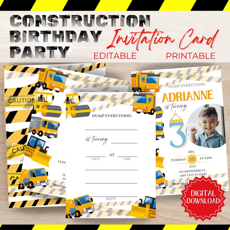 Construction Birthday Party Invitation Card Digital Download Printable ...