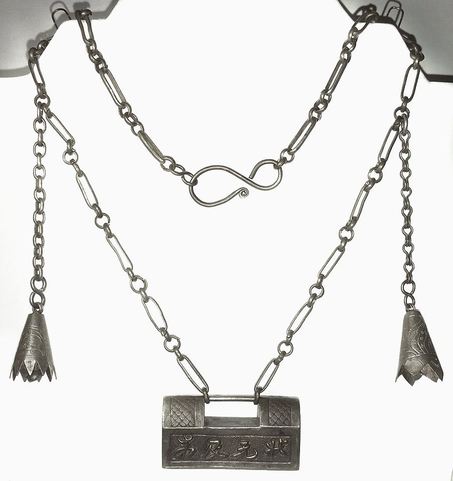 Antique Chinese Lock Necklace Ornate Rectangular Shape Intricate Chain ...