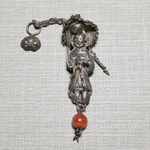 Antique Chinese Deity Pendant With Wire Queue & Large… - Gem